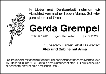 Traueranzeigen von Gerda Grempel | trauer.nn.de