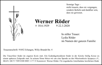 Traueranzeigen von Werner Röder | trauer.nn.de