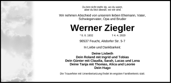 Traueranzeigen von Werner Ziegler | trauer.nn.de