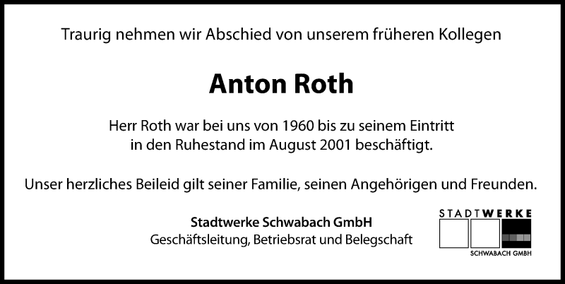 Traueranzeigen von Anton Roth | trauer.nn.de