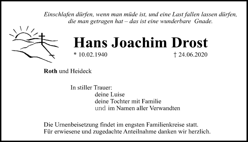 Traueranzeigen von Hans Joachim Drost | trauer.nn.de