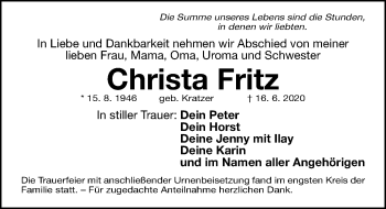 Traueranzeigen von Christa Fritz | trauer.nn.de