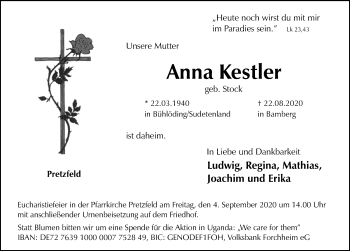 Traueranzeigen von Anna Kestler | trauer.nn.de