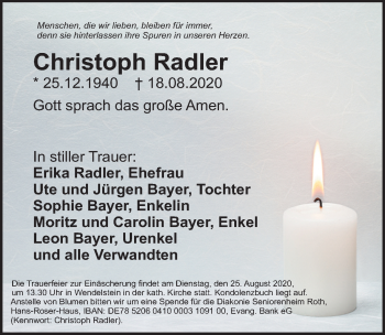 Traueranzeigen von Christoph Radler | trauer.nn.de