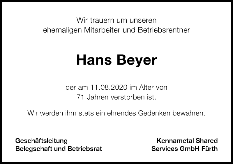 Traueranzeigen von Hans Beyer | trauer.nn.de