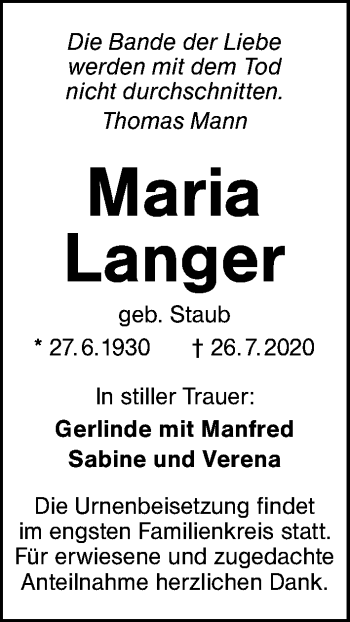 Traueranzeigen von Maria Langer | trauer.nn.de