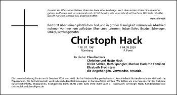 Traueranzeigen von Christoph Hack | trauer.nn.de