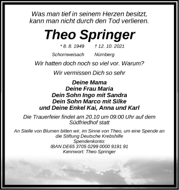 Traueranzeigen von Theo Springer | trauer.nn.de