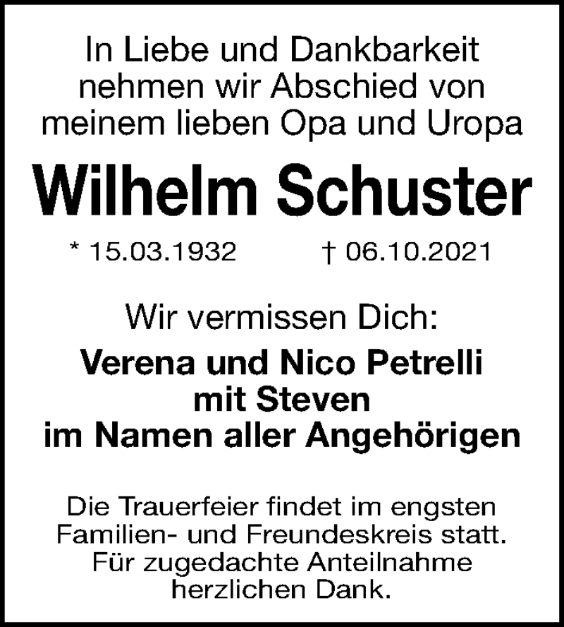 Traueranzeigen von Wilhelm Schuster | trauer.nn.de