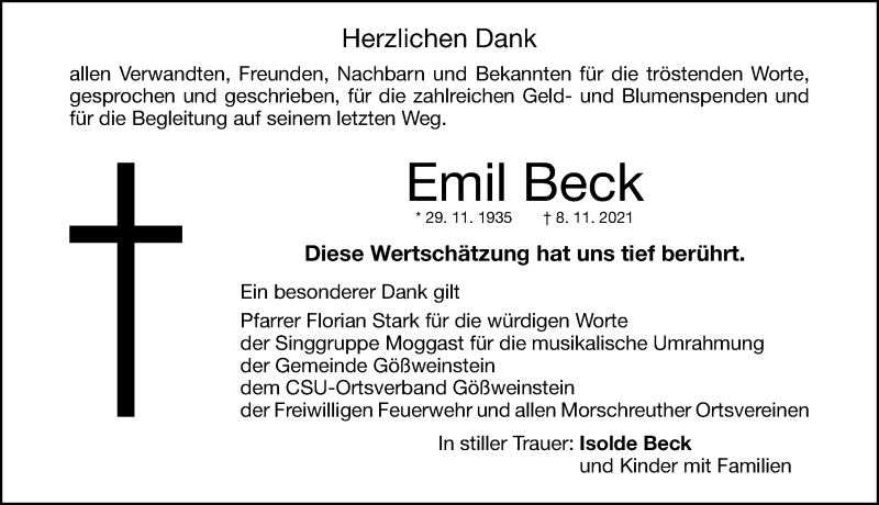 Traueranzeigen von Emil Beck | trauer.nn.de