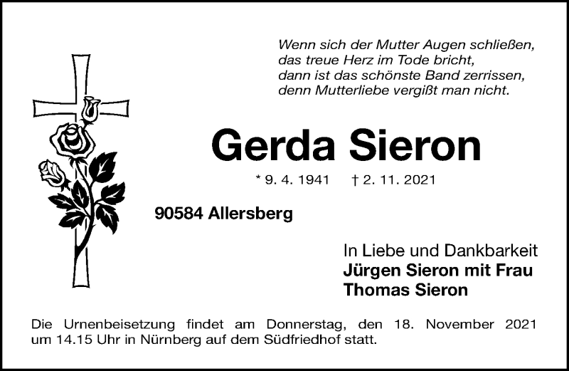 Traueranzeigen von Gerda Sieron | trauer.nn.de