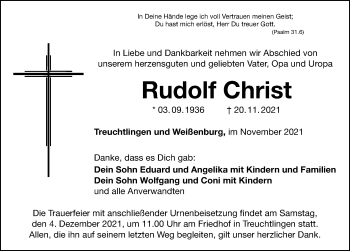 Traueranzeigen von Rudolf Christ | trauer.nn.de