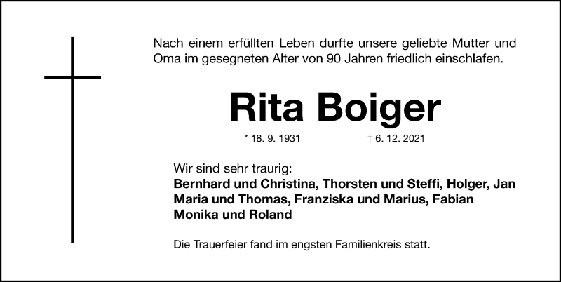 Traueranzeigen von Rita Boiger | trauer.nn.de