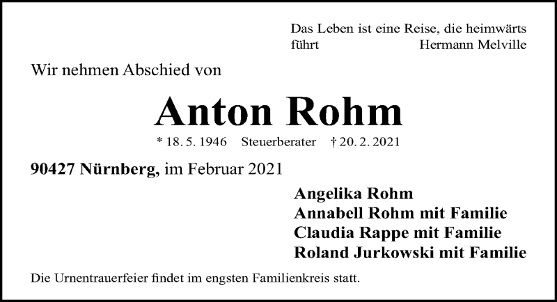 Traueranzeigen von Anton Rohm | trauer.nn.de