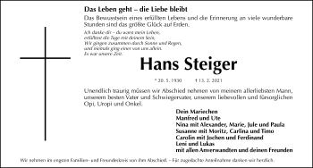 Traueranzeigen von Hans Steiger | trauer.nn.de
