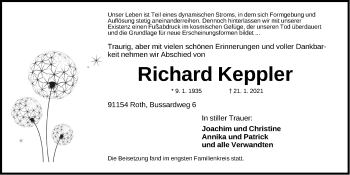 Traueranzeigen von Richard Keppler | trauer.nn.de