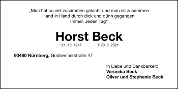 Traueranzeigen von Horst Beck | trauer.nn.de