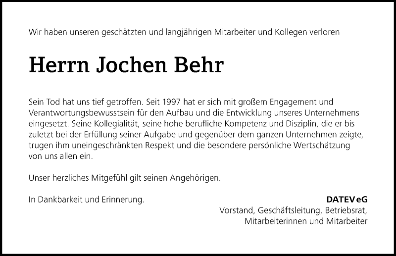 Traueranzeigen von Jochen Behr | trauer.nn.de