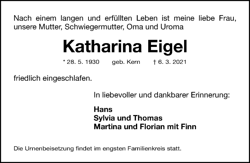 Traueranzeigen von Katharina Eigel | trauer.nn.de