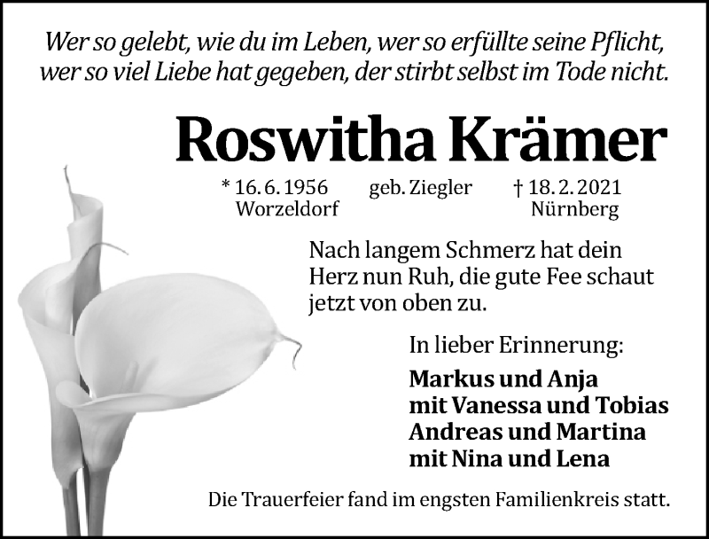 Traueranzeigen von Roswitha Krämer | trauer.nn.de