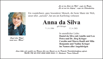Traueranzeigen von Anna da Silva | trauer.nn.de