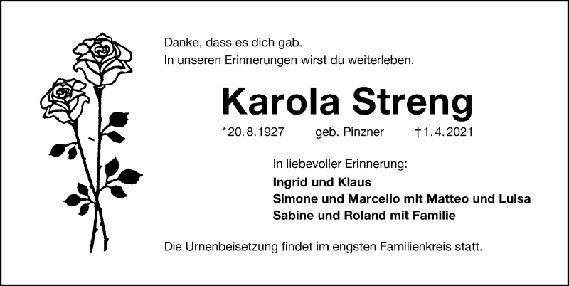 Traueranzeigen von Karola Streng | trauer.nn.de