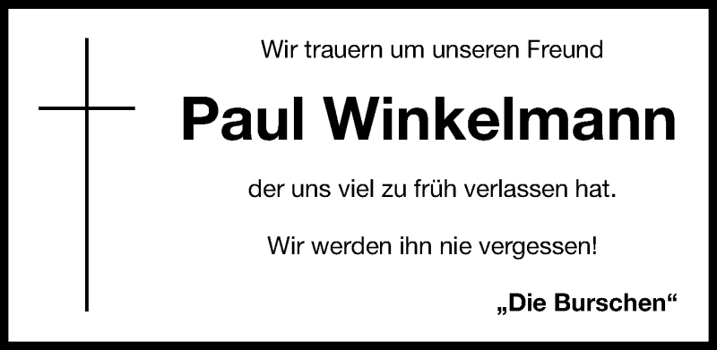 Traueranzeigen von Paul Winkelmann | trauer.nn.de