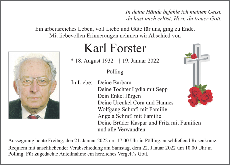 Traueranzeigen von Karl Forster | trauer.nn.de
