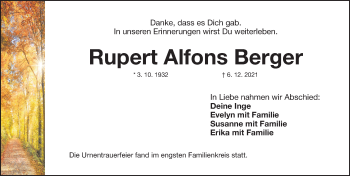Traueranzeigen von Rupert Alfons Berger | trauer.nn.de