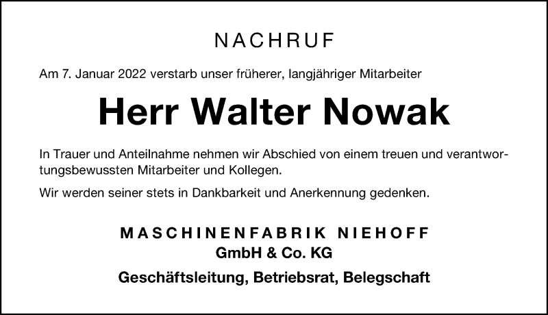 Traueranzeigen von Walter Nowak | trauer.nn.de