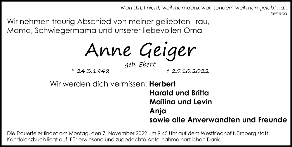 Traueranzeigen von Anne Geiger | trauer.nn.de