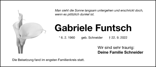 Traueranzeigen von Gabriele Funtsch | trauer.nn.de