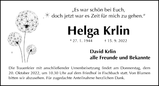 Traueranzeigen von Helga Krlin | trauer.nn.de