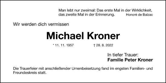 Traueranzeigen von Michael Kroner | trauer.nn.de
