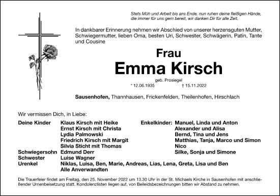 Traueranzeigen von Emma Kirsch | trauer.nn.de