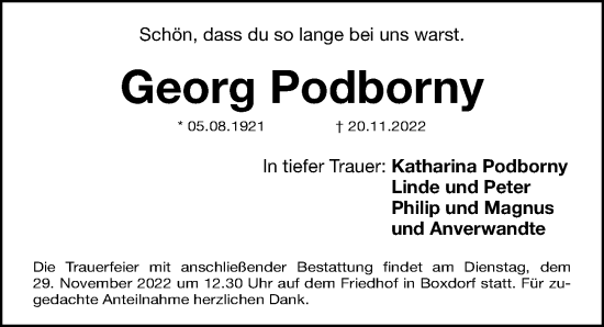 Traueranzeigen von Georg Podborny | trauer.nn.de