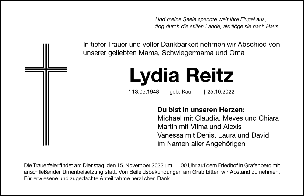 Traueranzeigen von Lydia Reitz | trauer.nn.de
