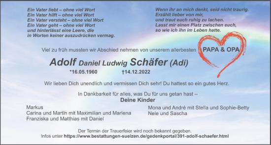 Traueranzeigen von Adolf Daniel Ludwig Schäfer | trauer.nn.de
