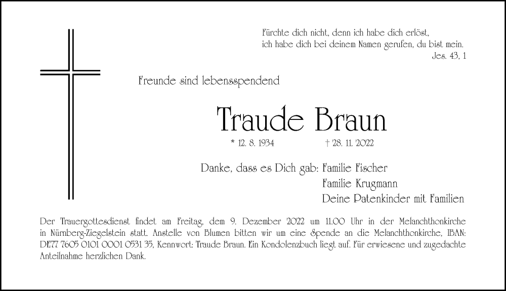 Traueranzeigen von Traude Braun | trauer.nn.de