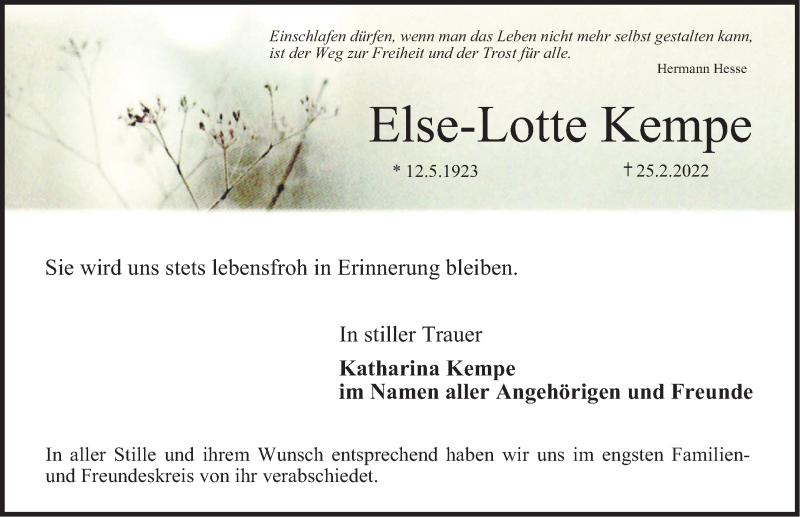 Traueranzeigen von Else-Lotte Kempe | trauer.nn.de