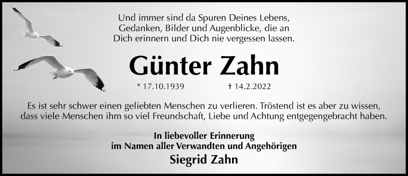 Traueranzeigen von Günter Zahn | trauer.nn.de
