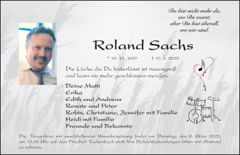 Traueranzeigen von Roland Sachs | trauer.nn.de