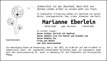 Traueranzeigen von Marianne Eberlein | trauer.nn.de