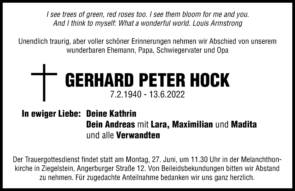 Traueranzeigen von Gerhard Peter Hock | trauer.nn.de