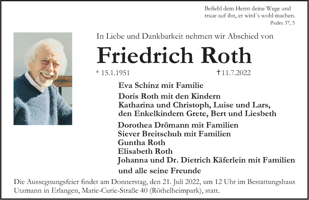 Traueranzeigen von Friedrich Roth | trauer.nn.de