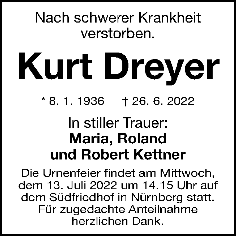 Traueranzeigen von Kurt Dreyer | trauer.nn.de
