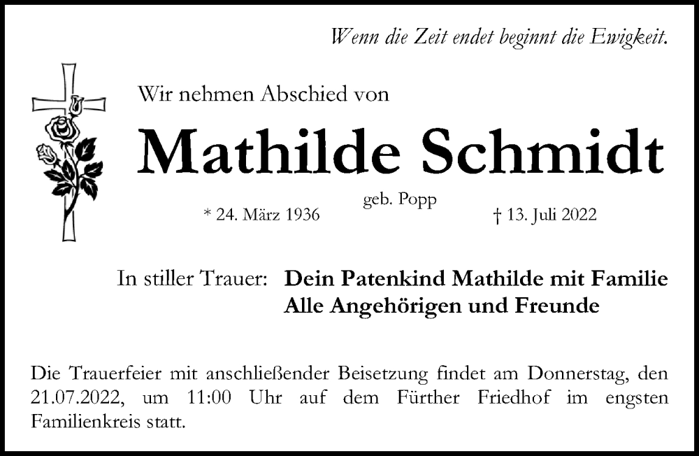 Traueranzeigen von Mathilde Schmidt | trauer.nn.de