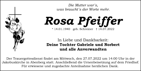 Traueranzeigen von Rosa Pfeiffer | trauer.nn.de