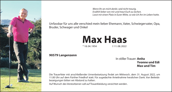 Traueranzeigen von Max Haas | trauer.nn.de