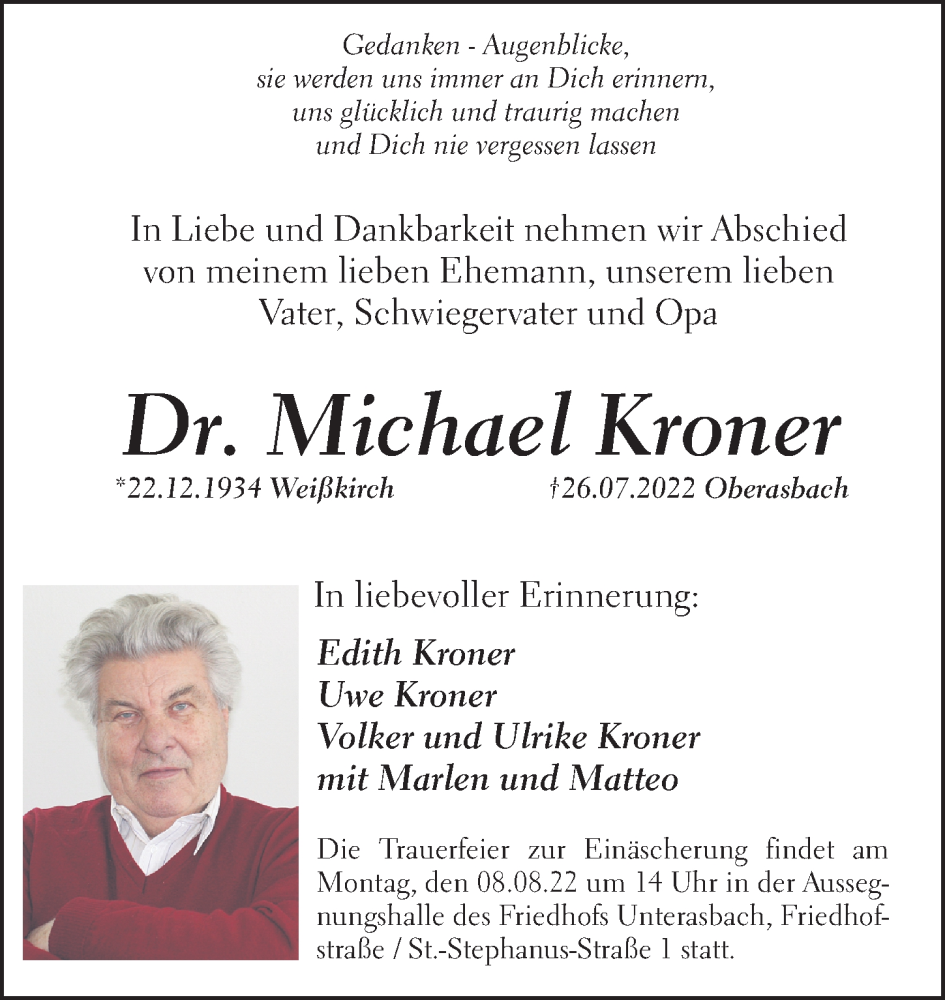 Traueranzeigen von Michael Kroner | trauer.nn.de